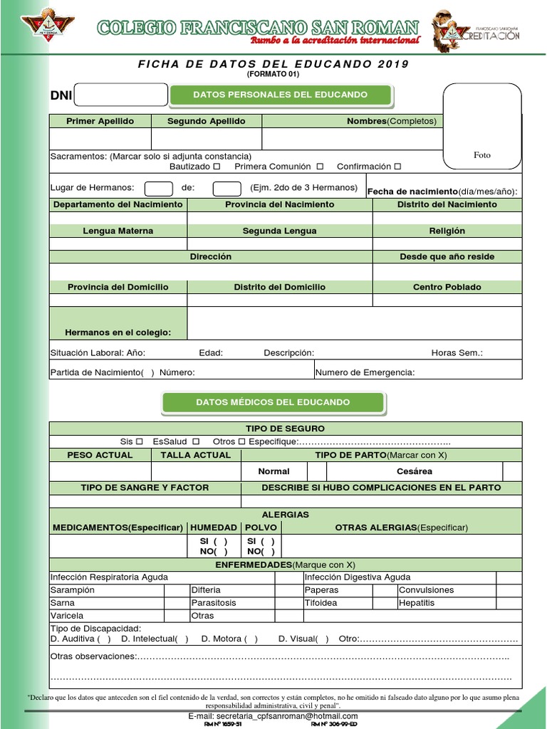 Formato - 01 - Ficha de Datos Del Educando | PDF | Educación Secundaria | Medicina