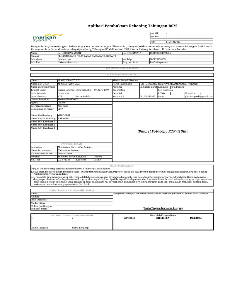 Cetak Form Bank Mandiri Syariah | PDF