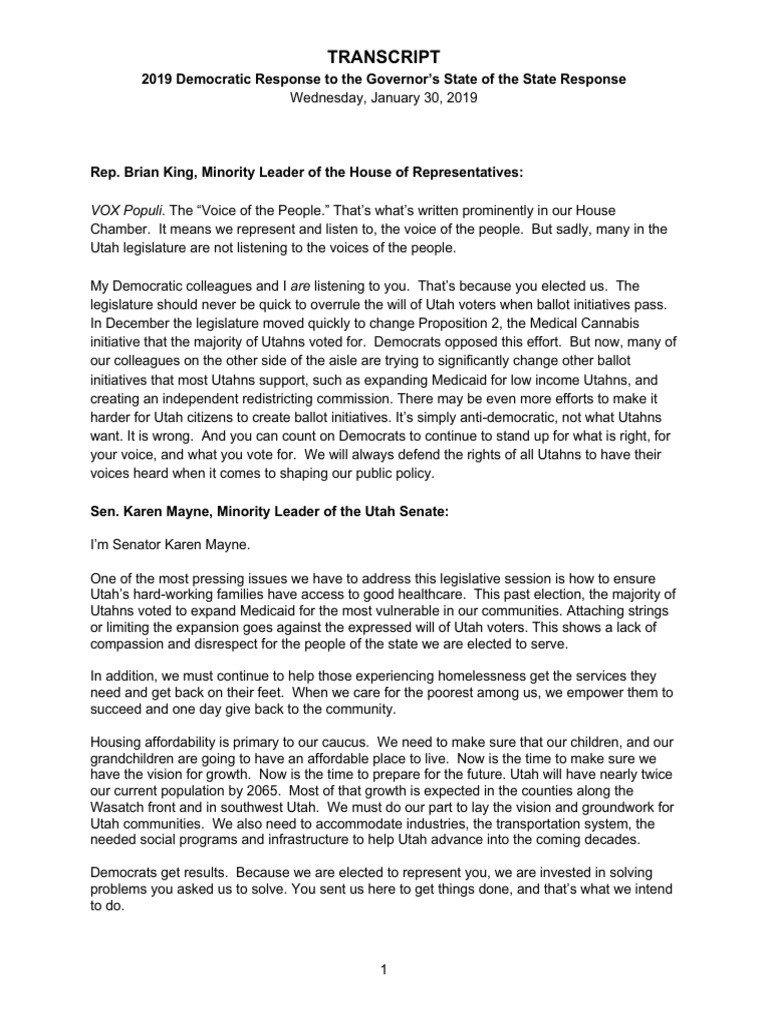 Democratic Response To 2019 State of The State Address by Gov. Gary ...