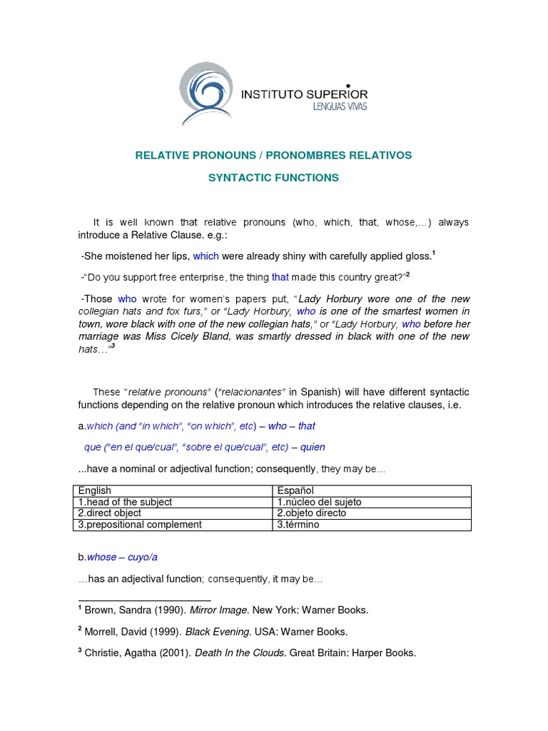 Relative Pronouns / Pronombres Relativos Syntactic Functions | PDF ...