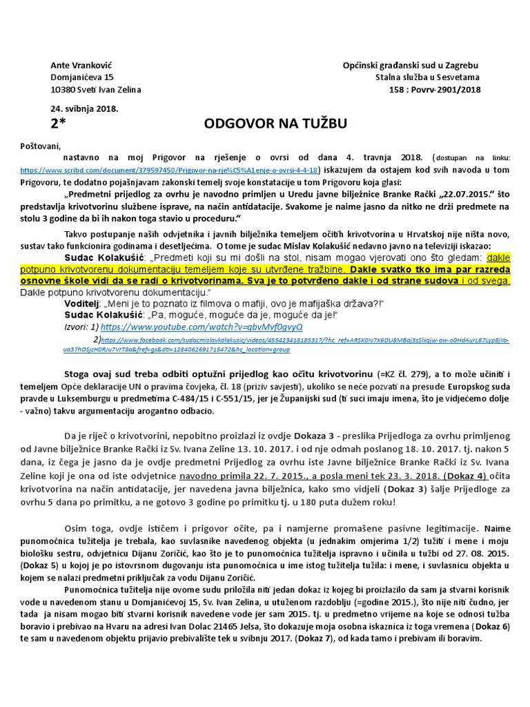 Odgovor Na Tužbu Sesvete - 24 5 18 | PDF