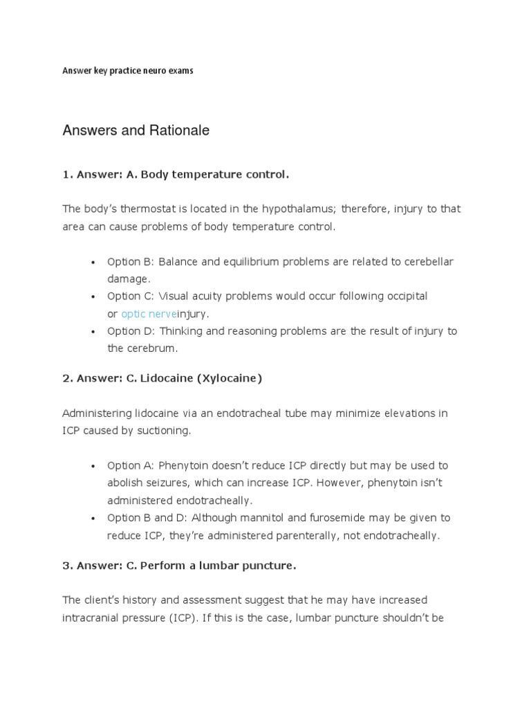 Answer Key Practice Neuro | PDF | Meningitis | Vertigo