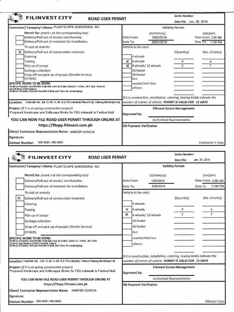 Filinvest Road User Permit Application | PDF | Economic Sectors ...