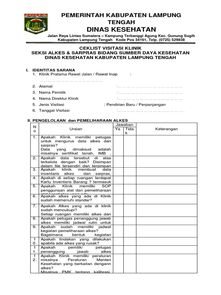 Ceklist Visitasi Klinik SEKSI ALKES | PDF | Kesehatan Holistik | Teknologi & Rekayasa