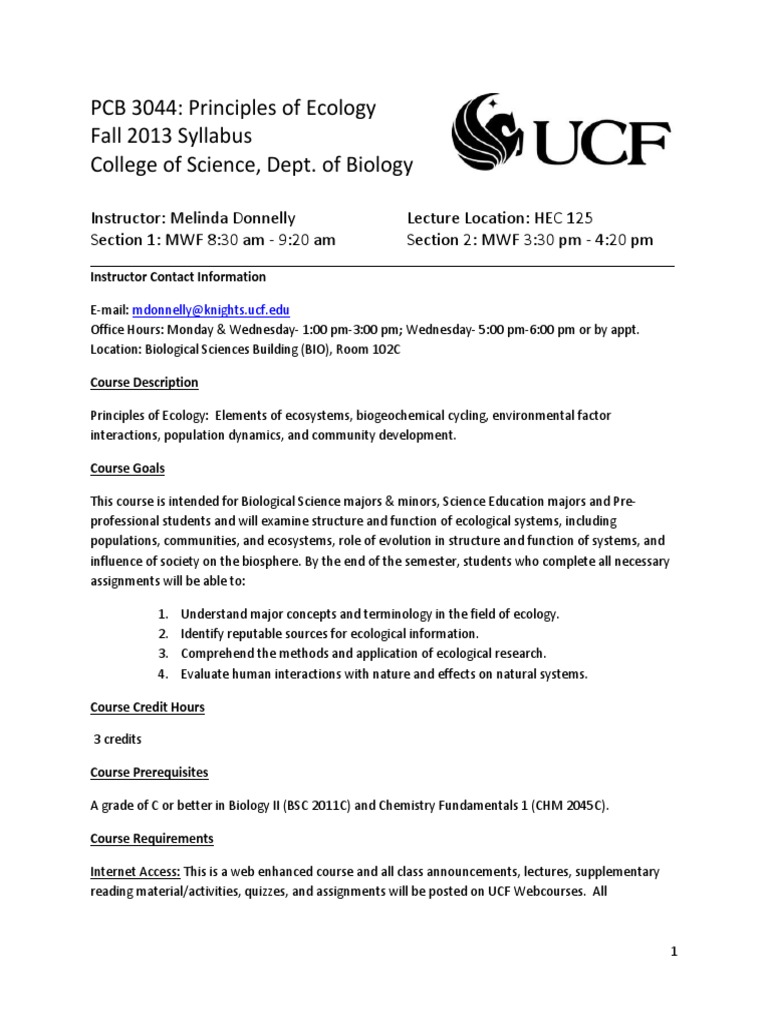 PCB 3044 Syllabus FA13 Donnelly PDF | PDF | Test (Assessment) | Ecology
