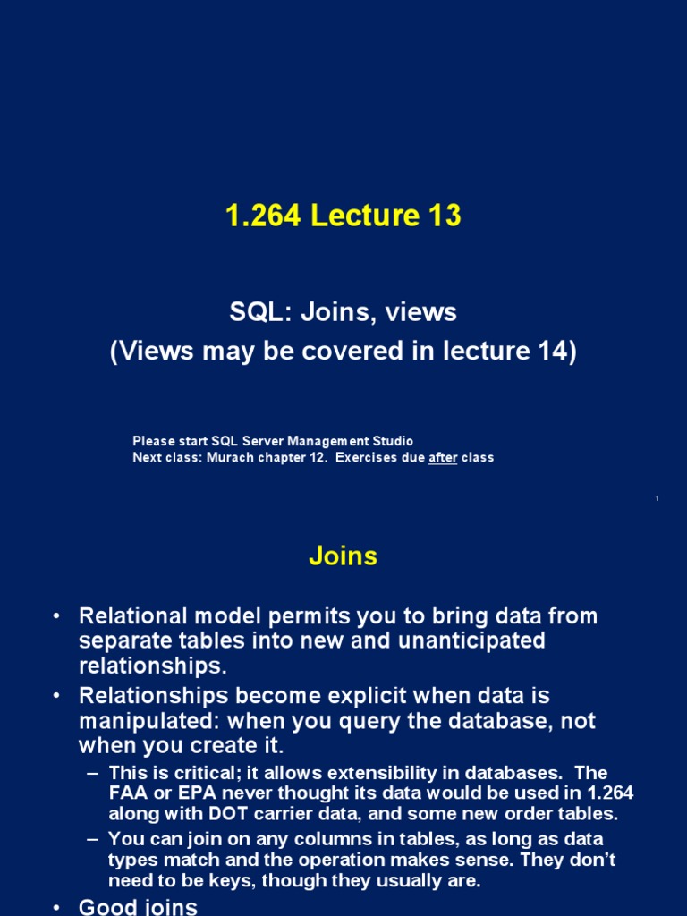 SQL: Joins, Views (Views May Be Covered in Lecture 14) | Download Free PDF | Data Management ...