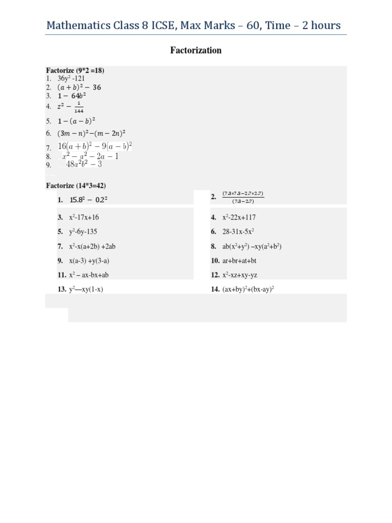 Factorisation - Test Paper Cambridge Class 8 | PDF