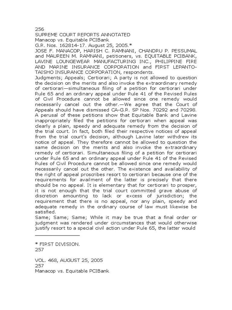 Manacop vs. Equitable PCIBank | PDF | Certiorari | Equity (Law)