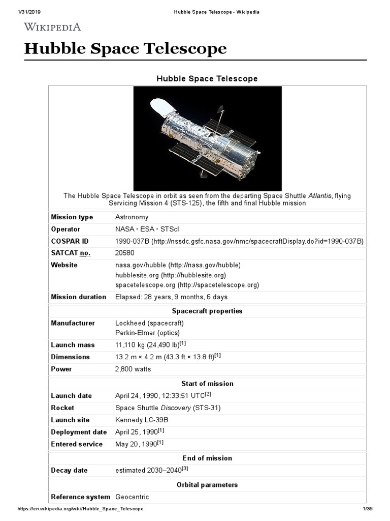 Hubble Space Telescope - Wikipedia | PDF | Hubble Space Telescope ...