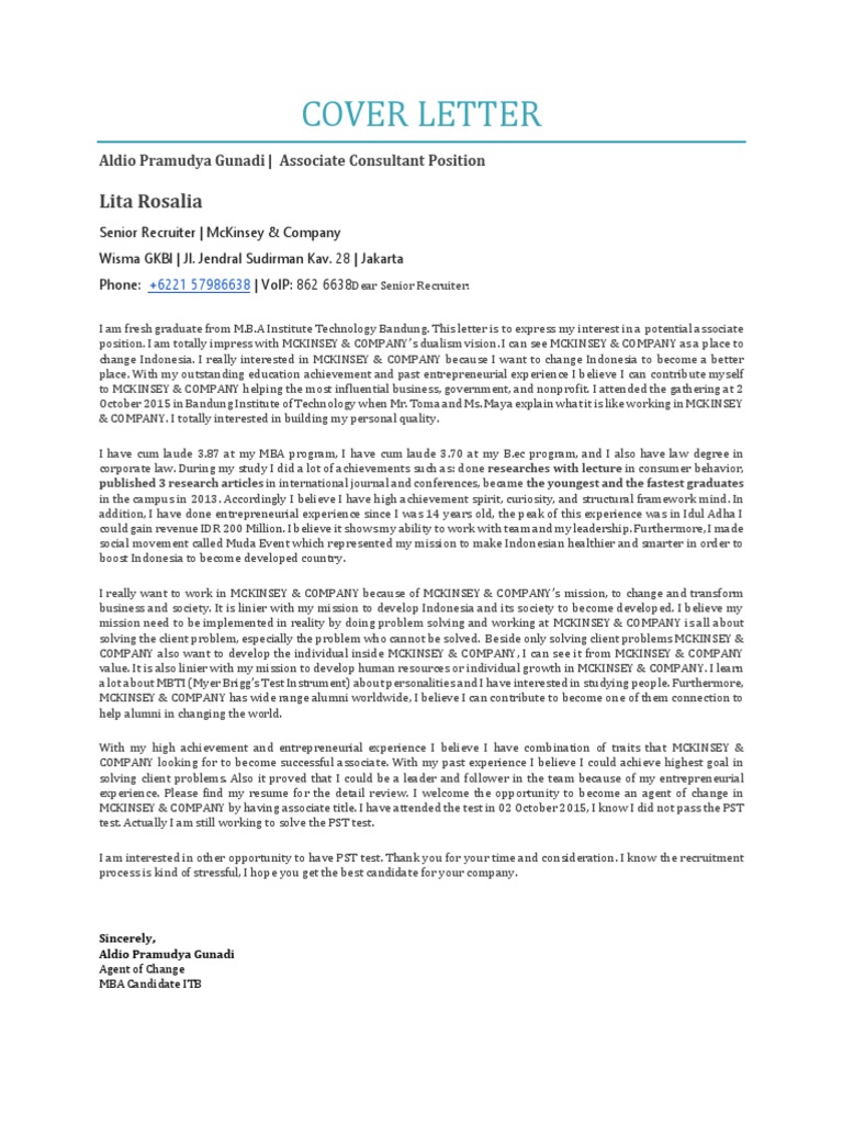 Cover Letter: Lita Rosalia | PDF | Mc Kinsey & Company | Entrepreneurship