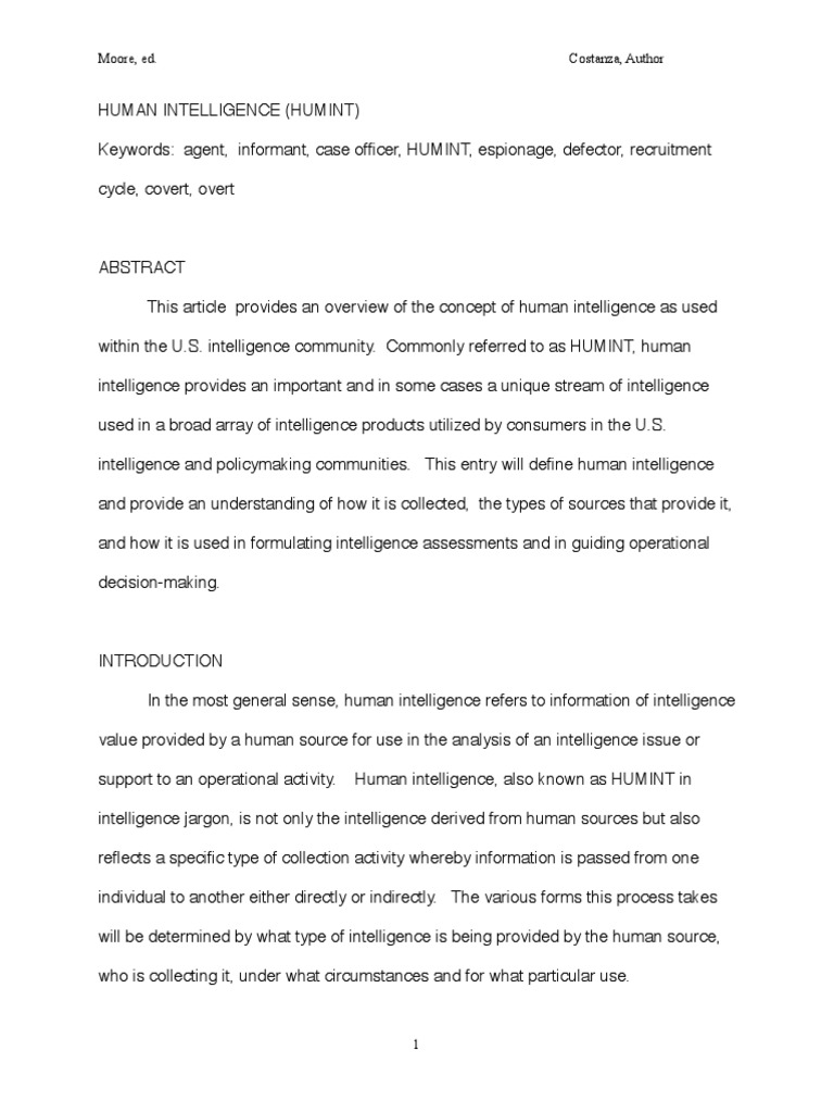 Human Intelligence HUMINT PDF | PDF | Counterintelligence | Espionage
