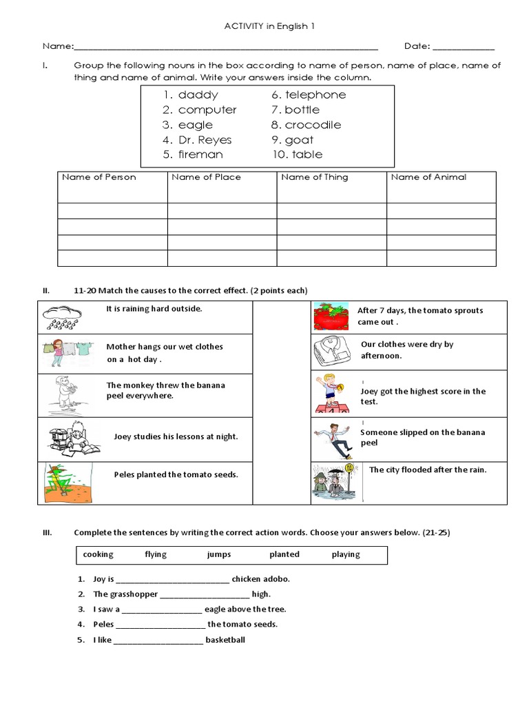 Classifying Nouns, Matching Causes and Effects, and Completing ...