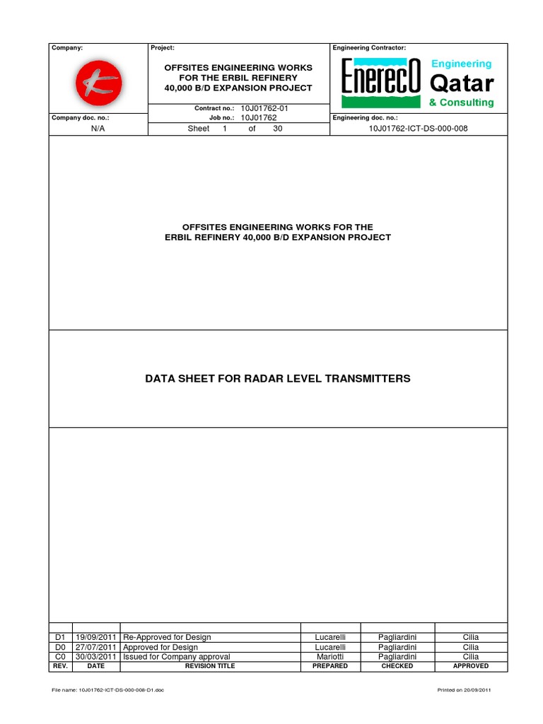 Data Sheet For Radar Level Transmitters: Offsites Engineering Works For ...