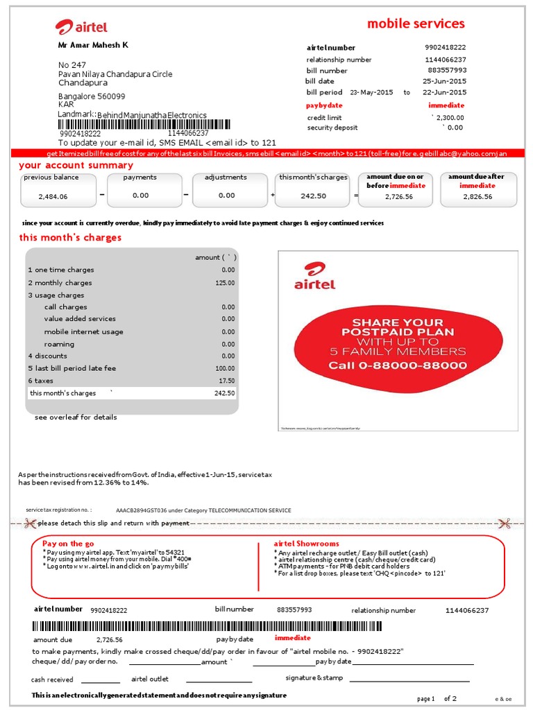 MobileBill Airtel Format | PDF | Invoice | Cheque