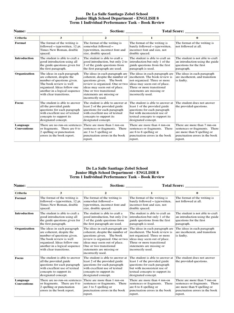 Book Review Rubric - Edited2 | PDF | Paragraph | Text