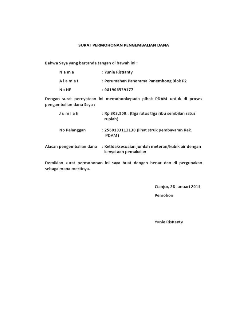 Surat Permohonan Pengembalian Dana | PDF