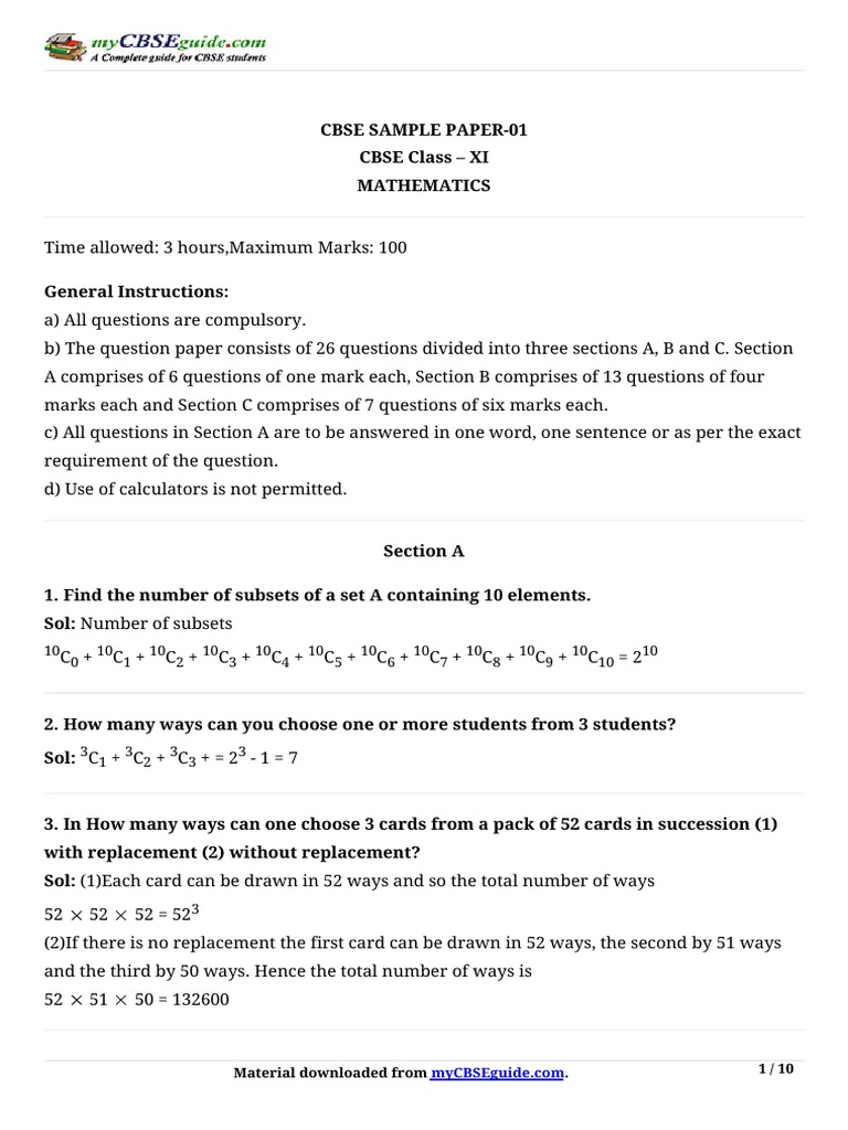 CBSE Class 11 Math Sample Paper 1 | PDF | Quadratic Equation | Equations