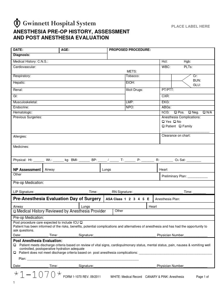 Anesthesia Pre-Op History, Assessment and Post Anesthesia Evaluation ...