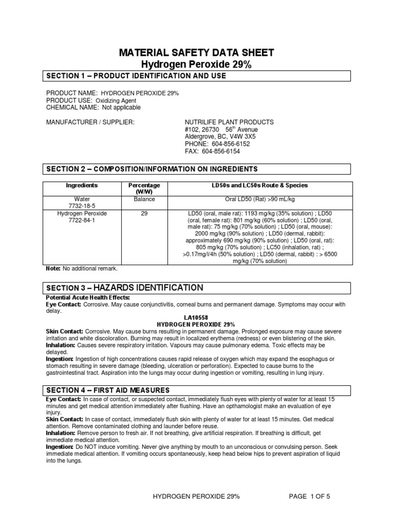 Material Safety Data Sheet Hydrogen Peroxide 29%: Section 1 - Product ...