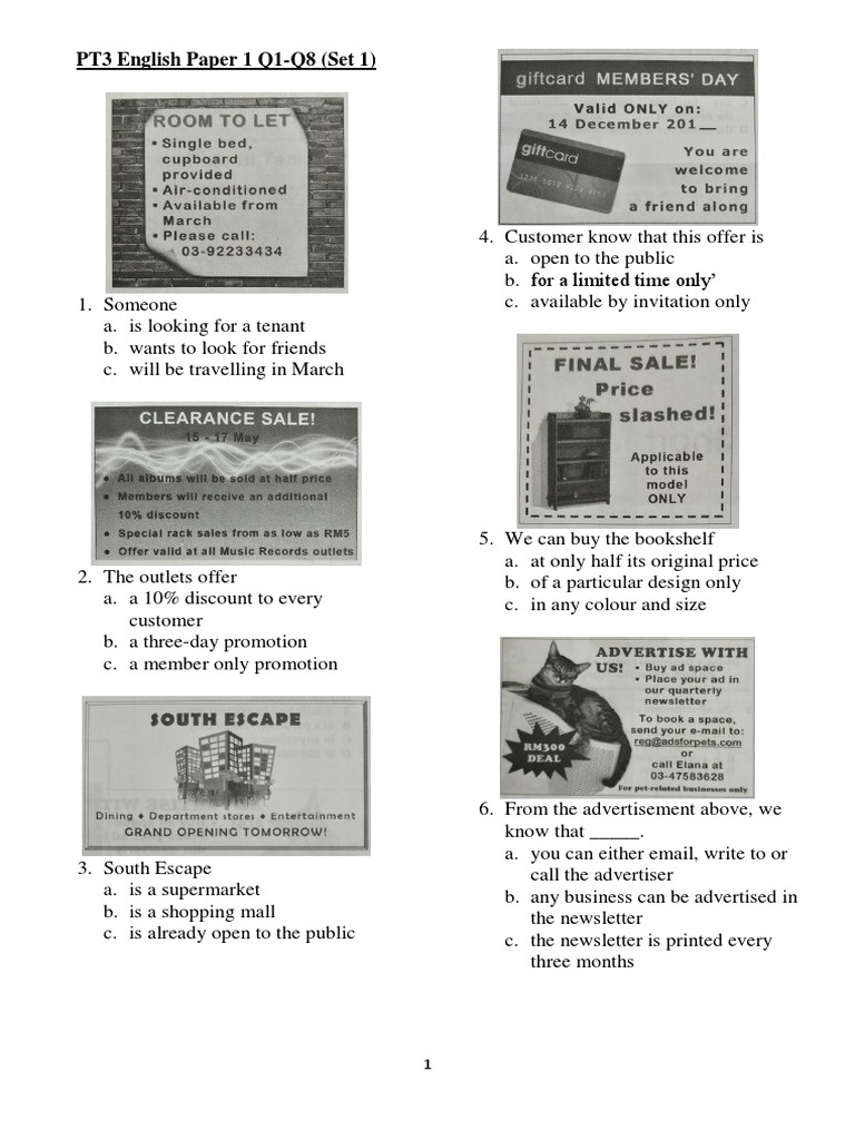 PT3 English Paper 1 Q1-Q8 (Set 1) | PDF | Advertising