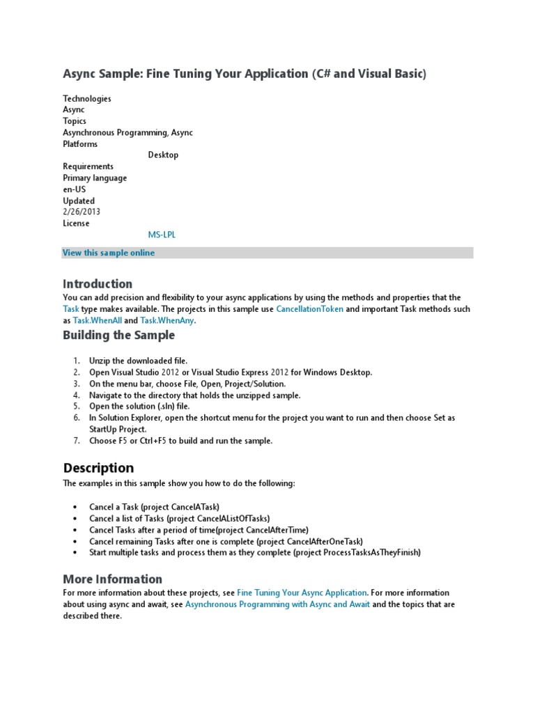 Async Sample: Fine Tuning Your Application (C# and Visual Basic) | PDF