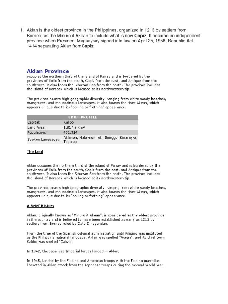 Aklan Province: Brief Profile | PDF | Philippines