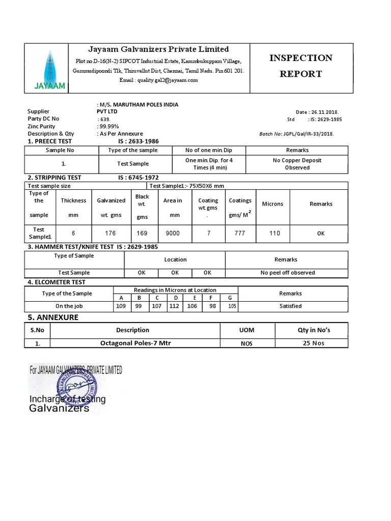 Jayaam Galvanizers Private Limited: Inspection | PDF | Metallurgy ...