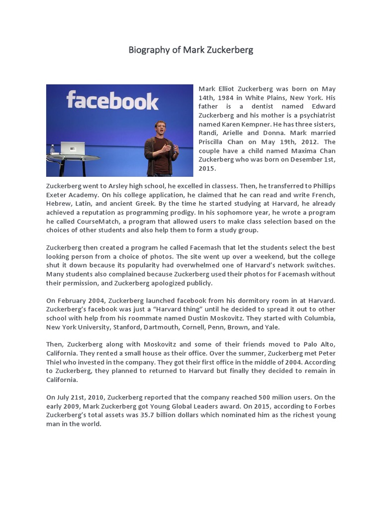 Biography of Mark Zuckerberg | PDF