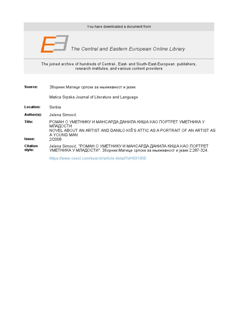 Novel About An Artist and Danilo Kiš S Attic As A Portrait of An Artist ...