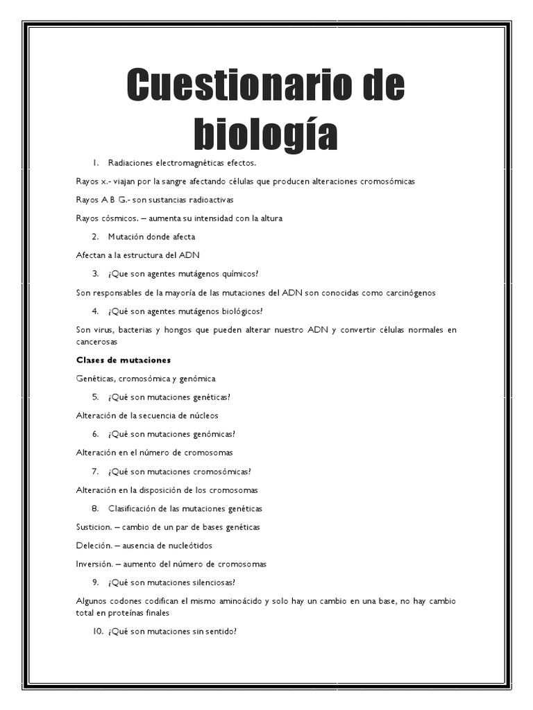 Cuestionario de Biolog A | PDF | Linfocitos | Mutación