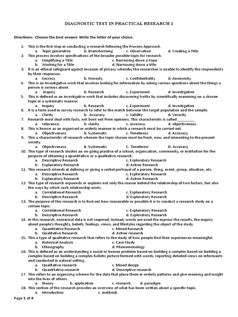 Diagnostic Test in PR1 | PDF | Sampling (Statistics) | Qualitative Research