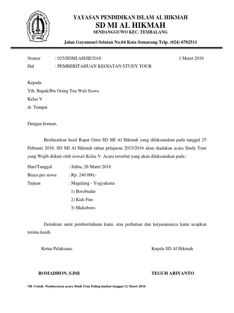 Surat Pemberitahuan Study Tour | PDF