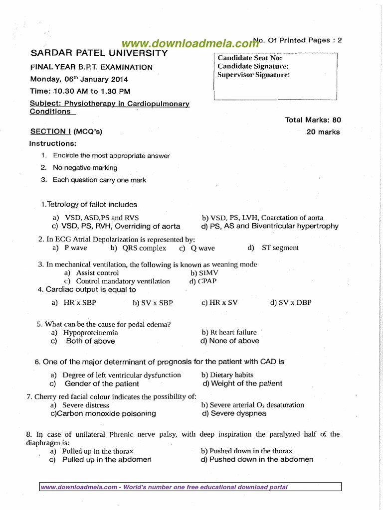 Physiotherapy in Cardiopulmonary Conditions MCQ PDF | PDF | Chronic ...