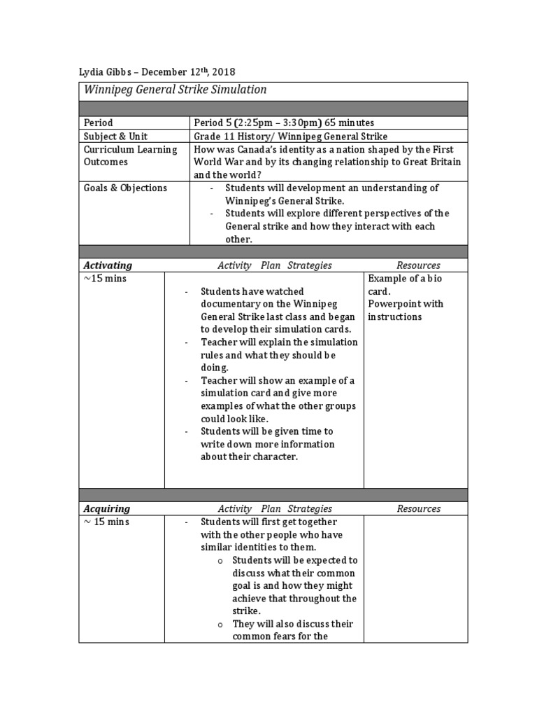 Winnipeg General Strike Lesson Plan - Lydia Gibbs | PDF | Learning ...