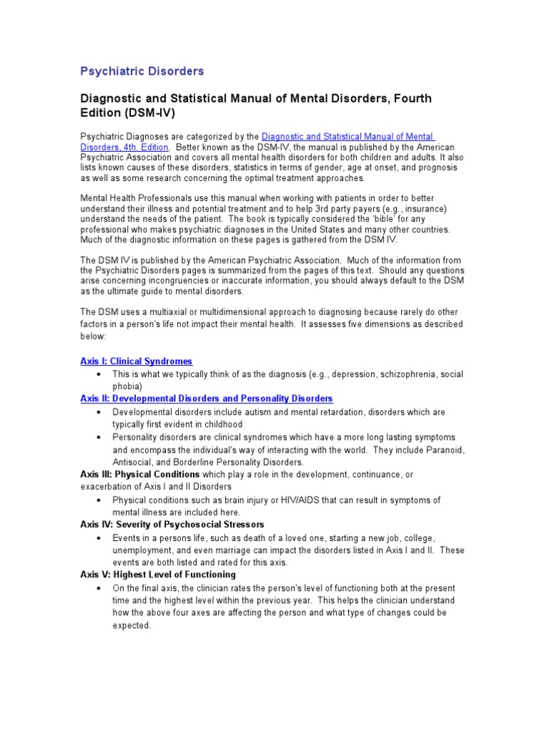 Diagnostic and Statistical Manual of Mental Disorders, Fourth Edition ...