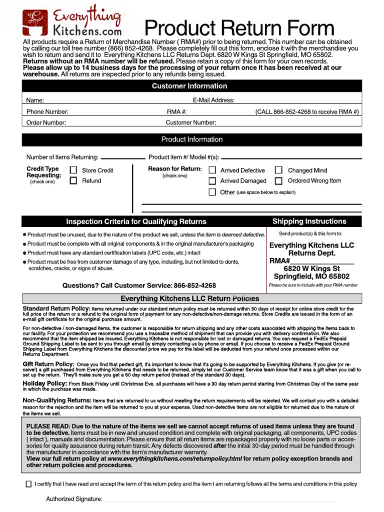 Product Return Form 2015 PDF | PDF