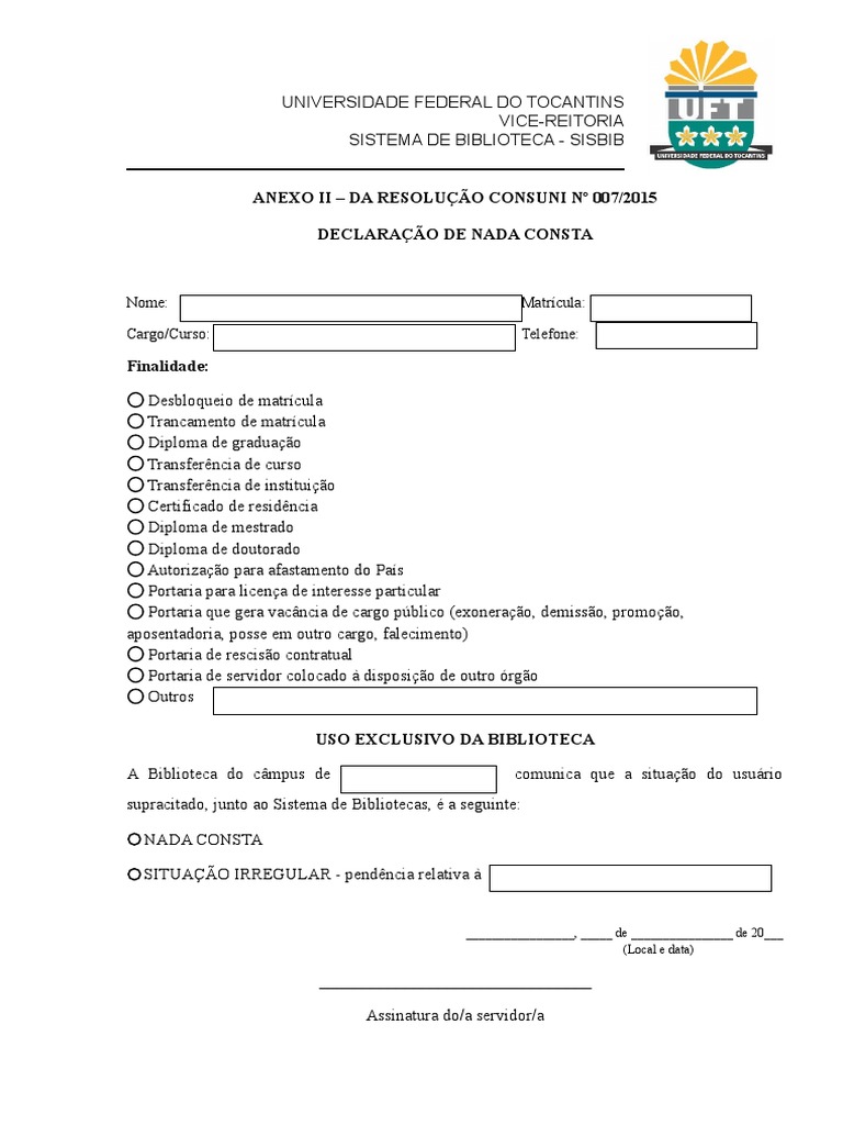 Sisbib - Formulário de Nada Consta PDF | PDF