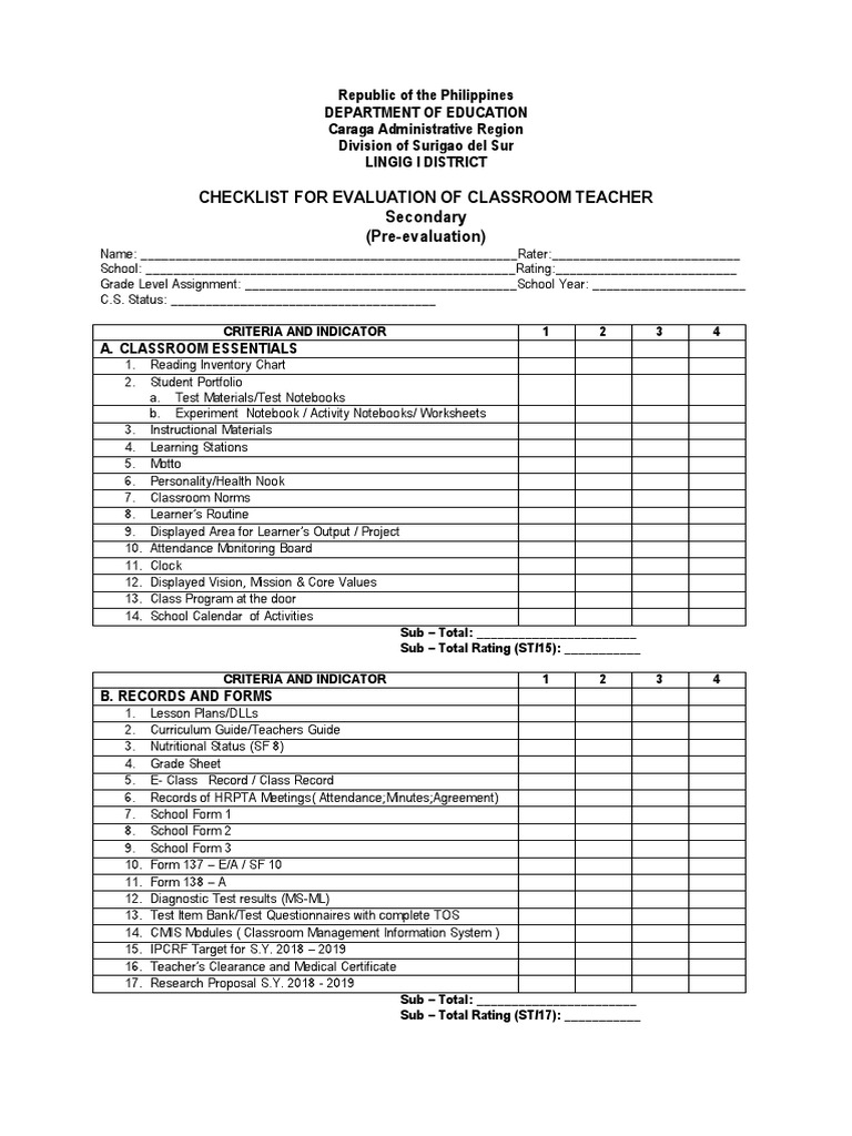 Evaluation Checklist For Teachers | Download Free PDF | Classroom ...
