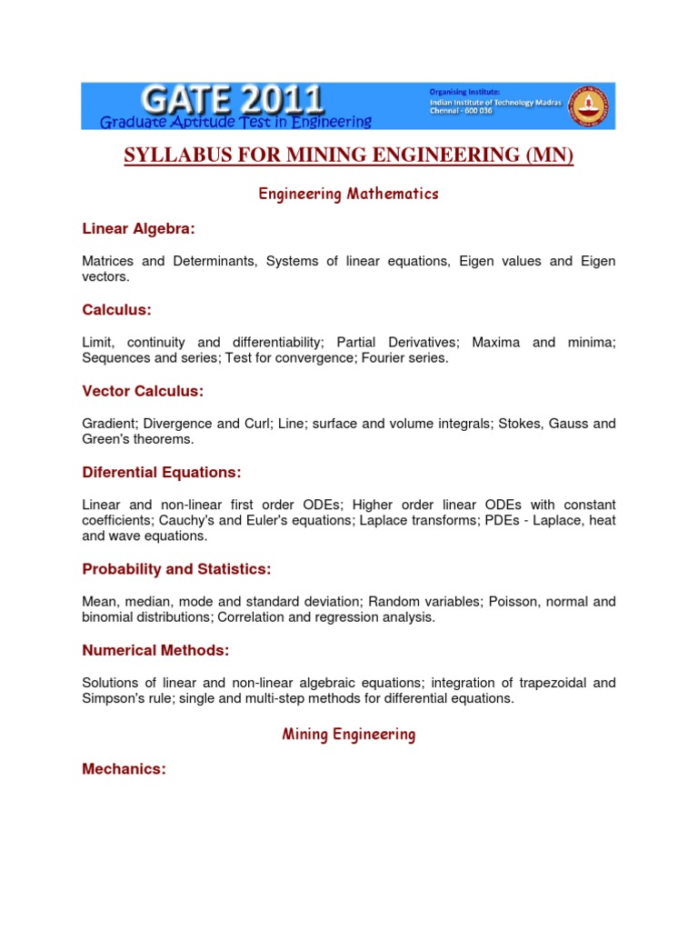 Syllabus For Mining Engineering (MN) : Linear Algebra | PDF | Equations ...