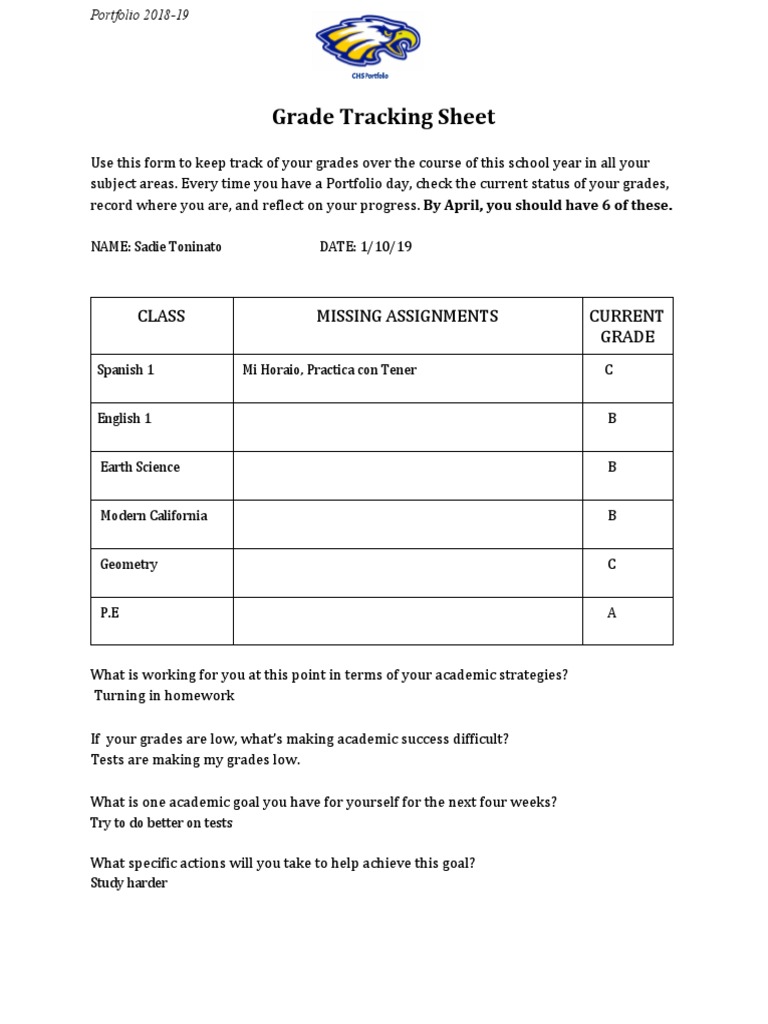 1 10 19 Grade Tracking Sheet | PDF