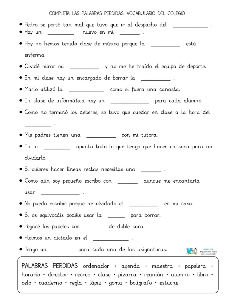 Palabras Perdidas Vocabulario Colegio PDF | PDF