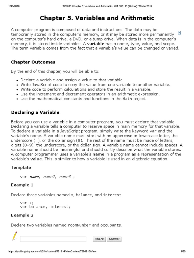 W05.03 Chapter 5 - Variables and Arithmetic - CIT 160 - 13 (Online) - Winter 2019 | PDF ...