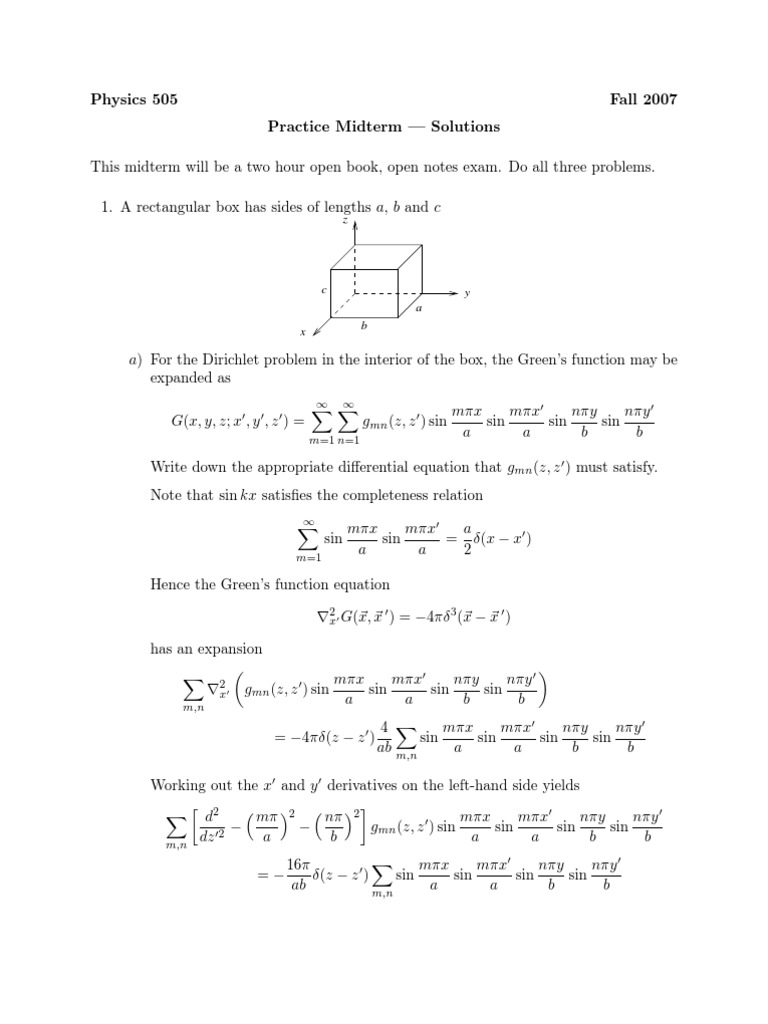 F07 Practice Midterm Solutions | PDF | Green's Function | Sine