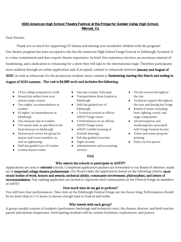 Parent Letter American High School Theatre Festival at The Fringe | PDF ...