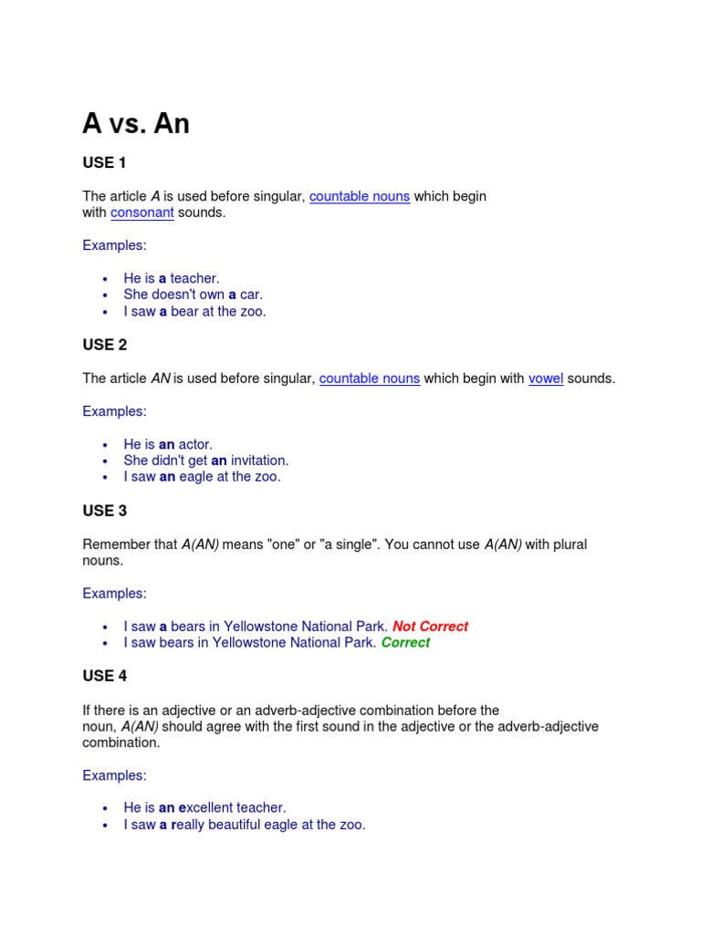 A vs. An: Usage Rules Explained | PDF | English Language | Grammatical ...