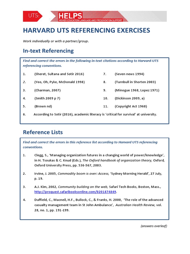 Harvard UTS Referencing Handout - Activity PDF | PDF