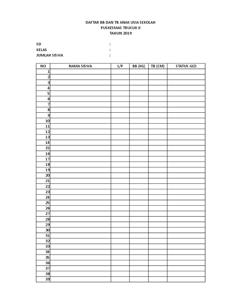 Formulir BB TB Anak Usia Sekolah | PDF