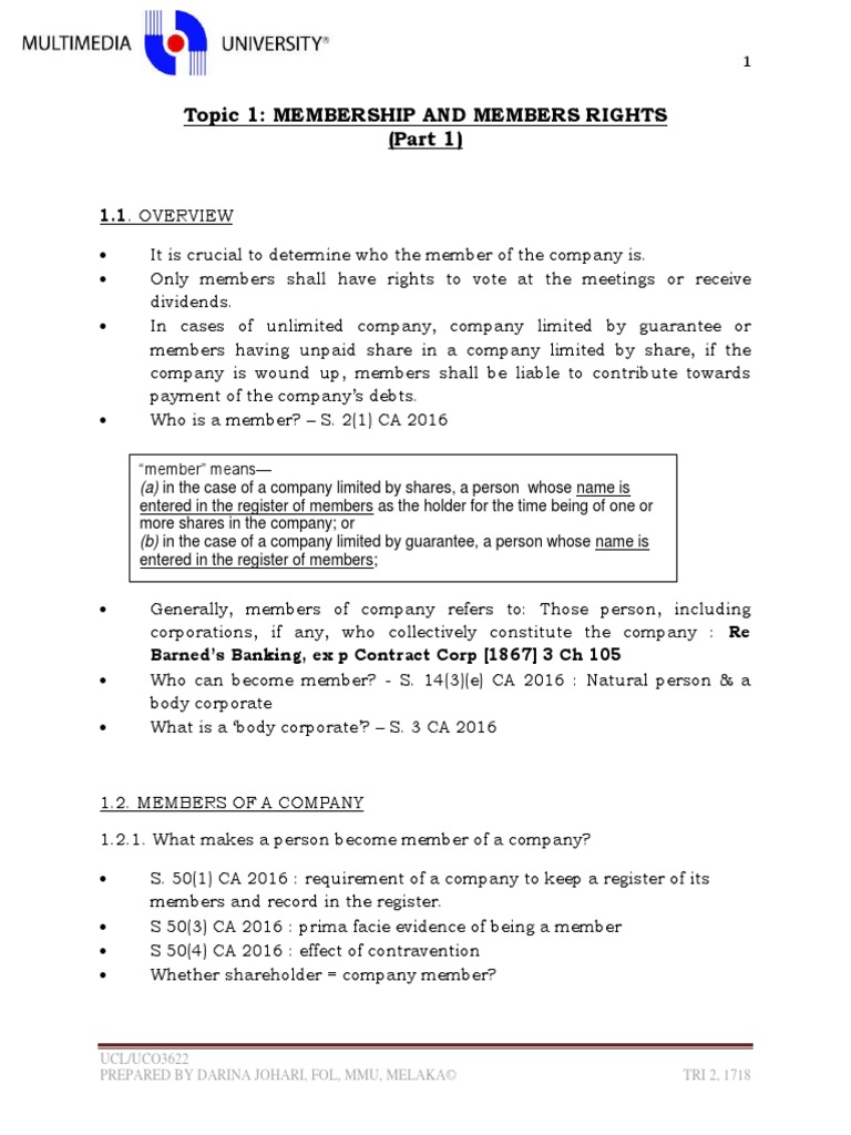 Topic 1 Part 1 175404 - Topic 1 - Membership and Members Rights (Part 1 ...