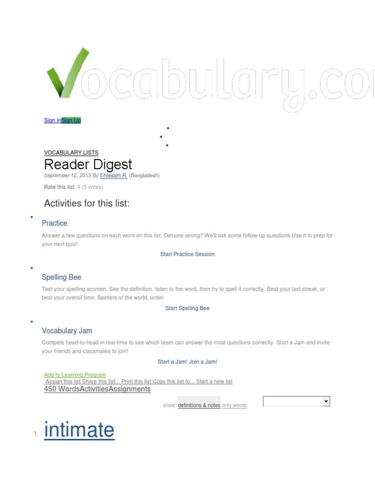 Reader Digest Vocabulary | PDF