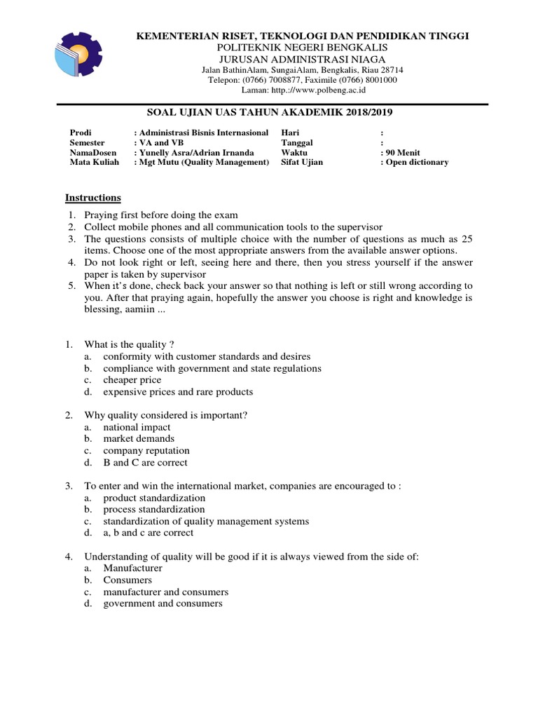 Final Exam Management Quality | PDF | Quality Management | Quality ...